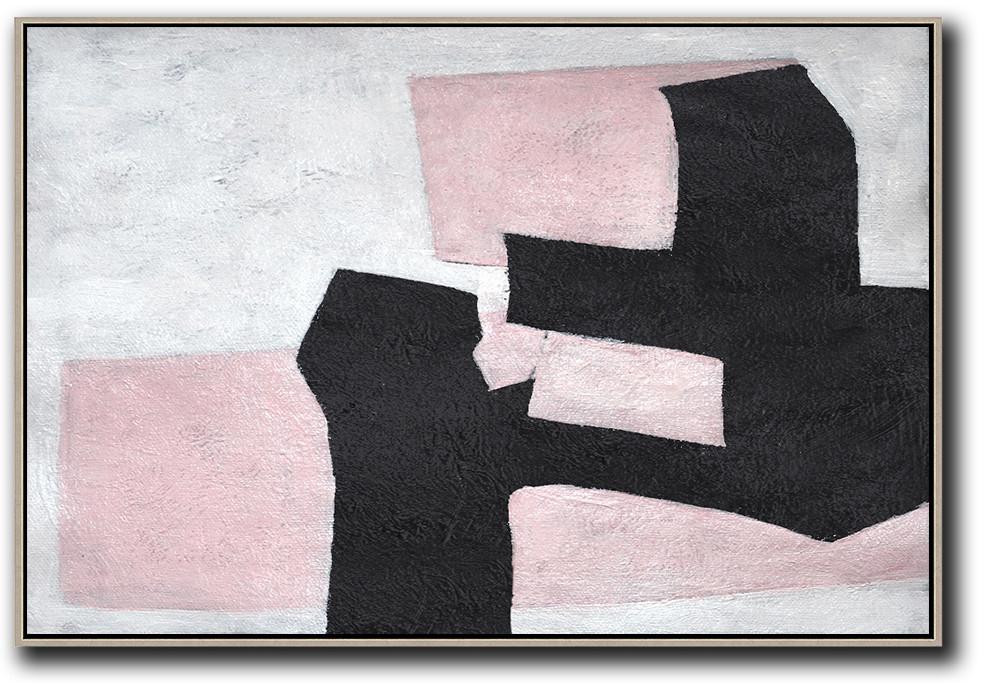 Hand-Painted Oversized Horizontal Minimal Art On Canvas, Black, White ...