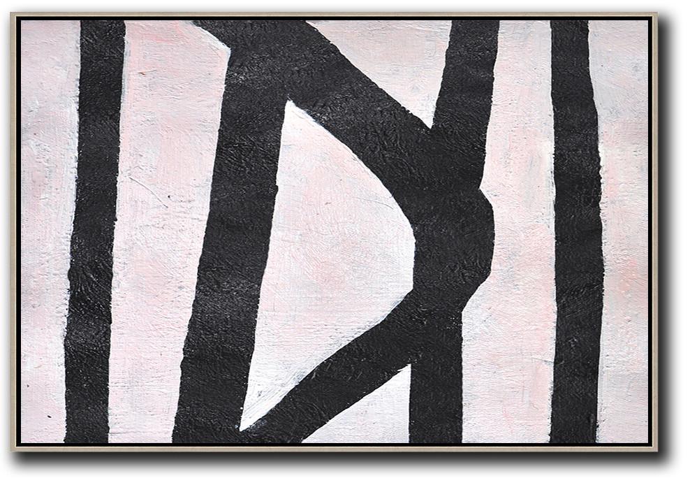 Hand-Painted Oversized Horizontal Minimal Art On Canvas, Black, White ...